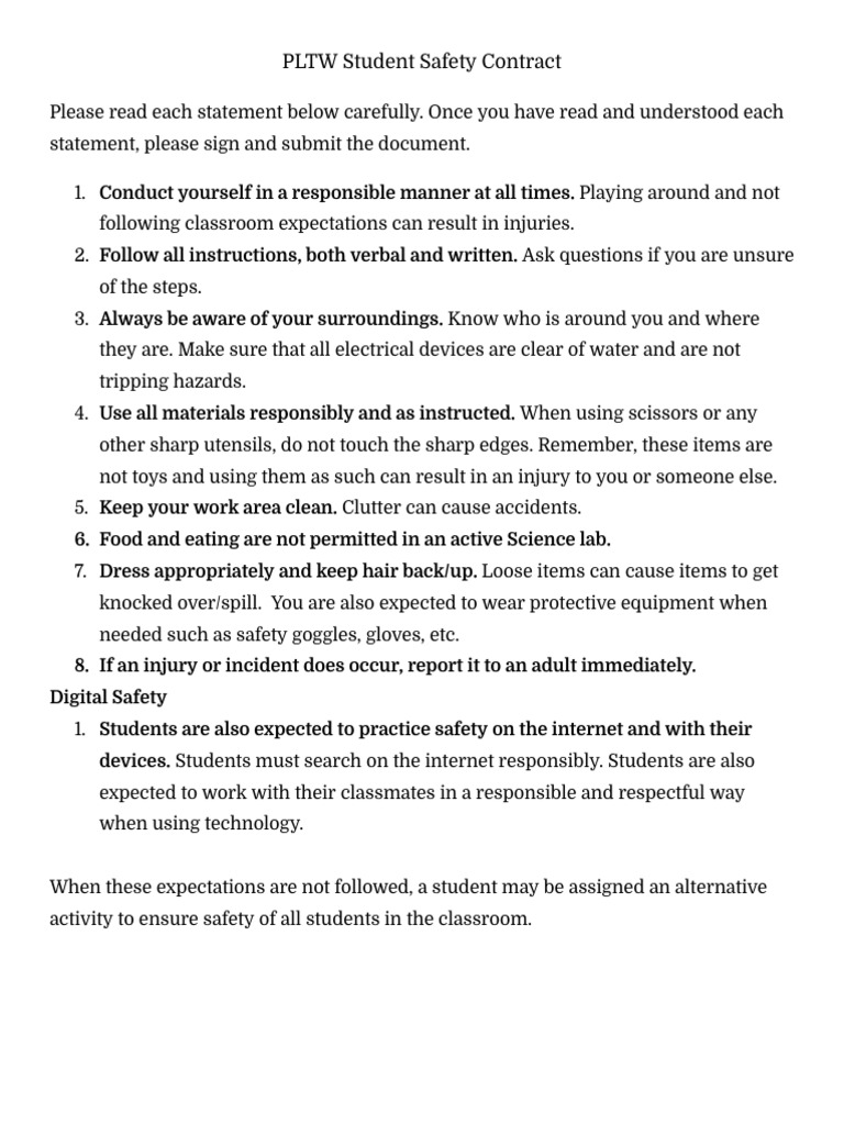 PLTW Student Safety Contract | PDF