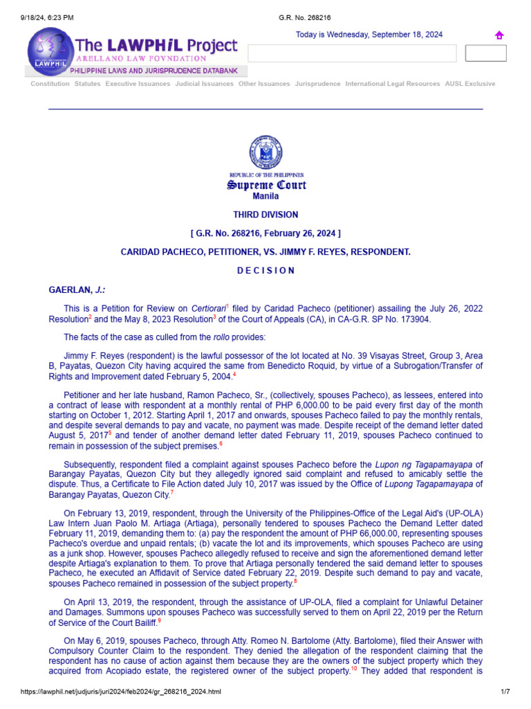 Unlawful Detainer Case: Pacheco vs. Reyes | PDF | Lease | Appeal