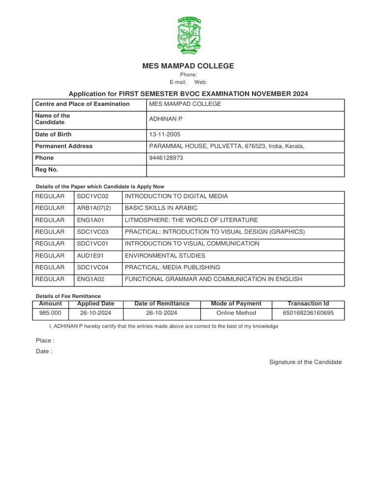 Exam Fee Receipt | PDF