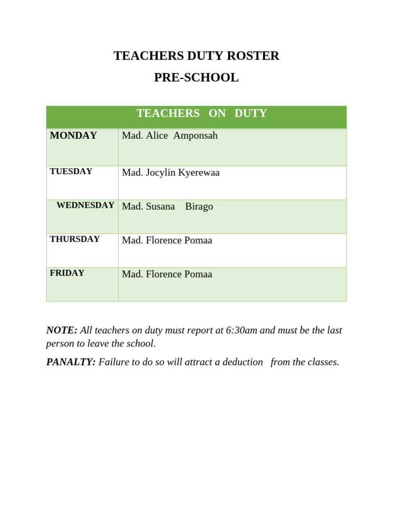 Teachers Duty Roster Pre - School | PDF