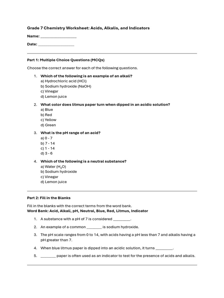 Grade 7 Chemistry Worksheet Acids and Alkalis | PDF | Ph | Acid