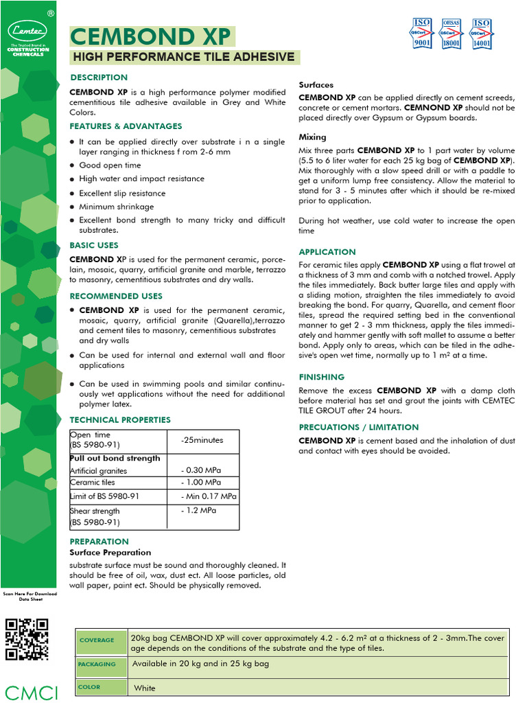 CMCI-Tile Adhesive-CEMBOND XP | PDF | Tile | Cement