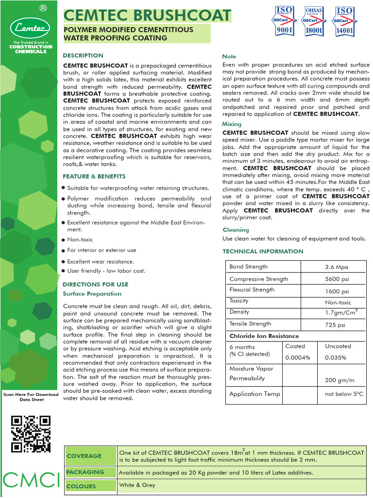 CEMTEC Brushcoat Waterproofing Solution | PDF | Concrete | Water