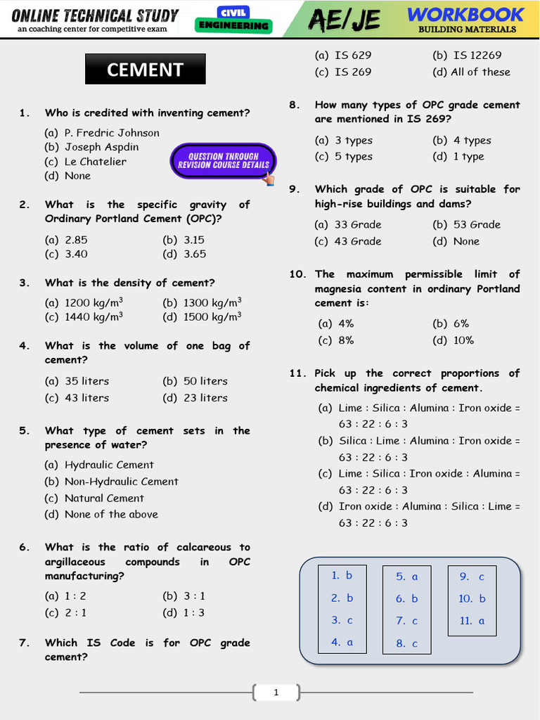 Cement Knowledge Quiz and Answers | PDF | Cement | Concrete