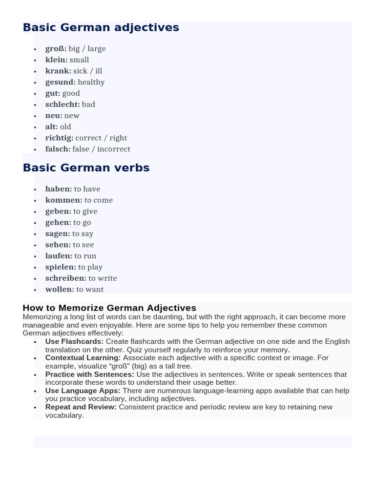 Basic German Adjectives | PDF | Adjective | Languages