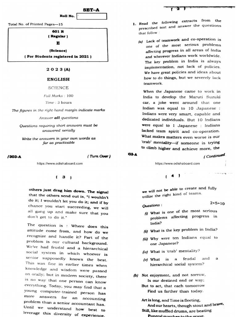 Odisha Board Class 12 Science English 601 Set A 2023 | PDF