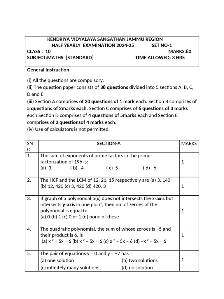 Hy QP 10 Nset 1 Maths Standard | PDF | Circle | Algebra