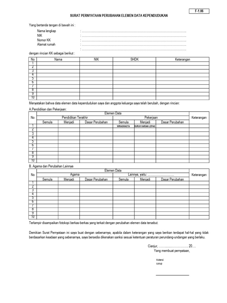 F1 06 Surat Pernyataan Perubahan Elemen Data Kependudukan | PDF