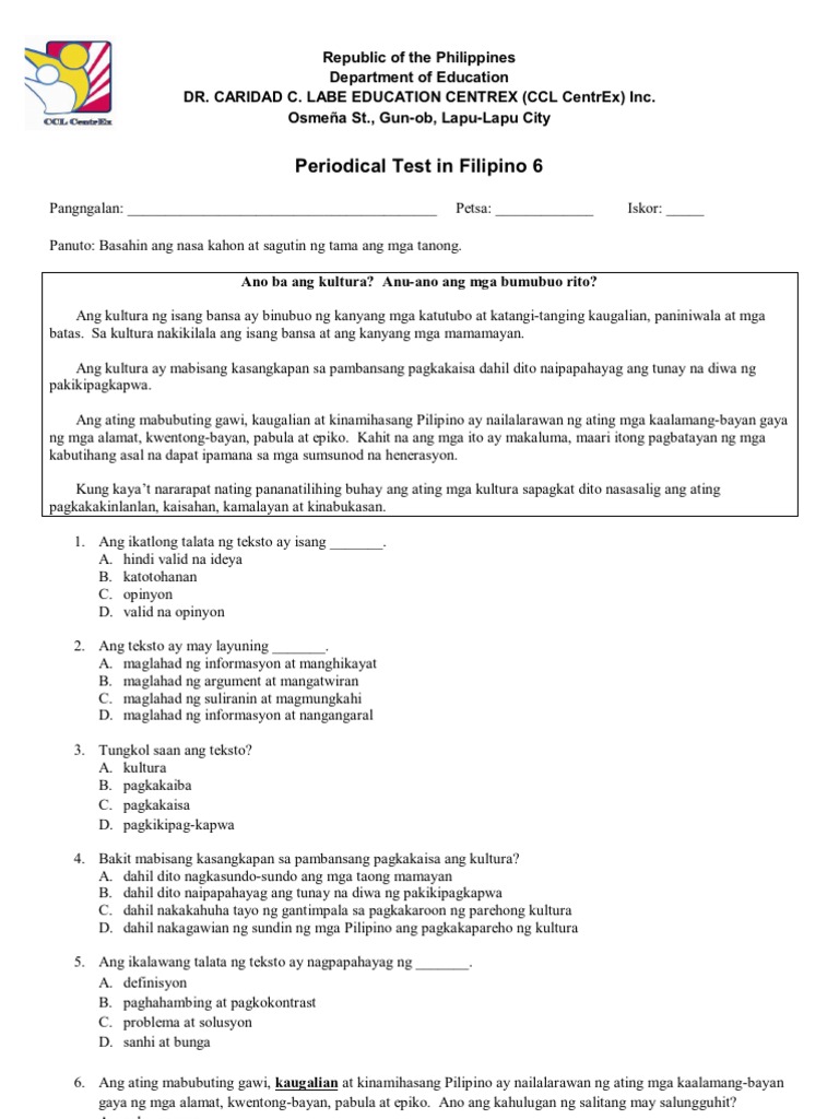Third Periodical Test in Filipino 6 | PDF