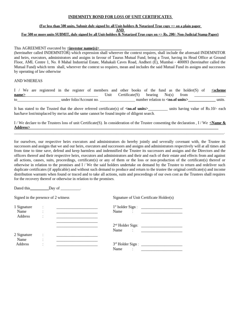 Indemnity Bond for Lost Unit Certificates | PDF | Common Law | Private Law