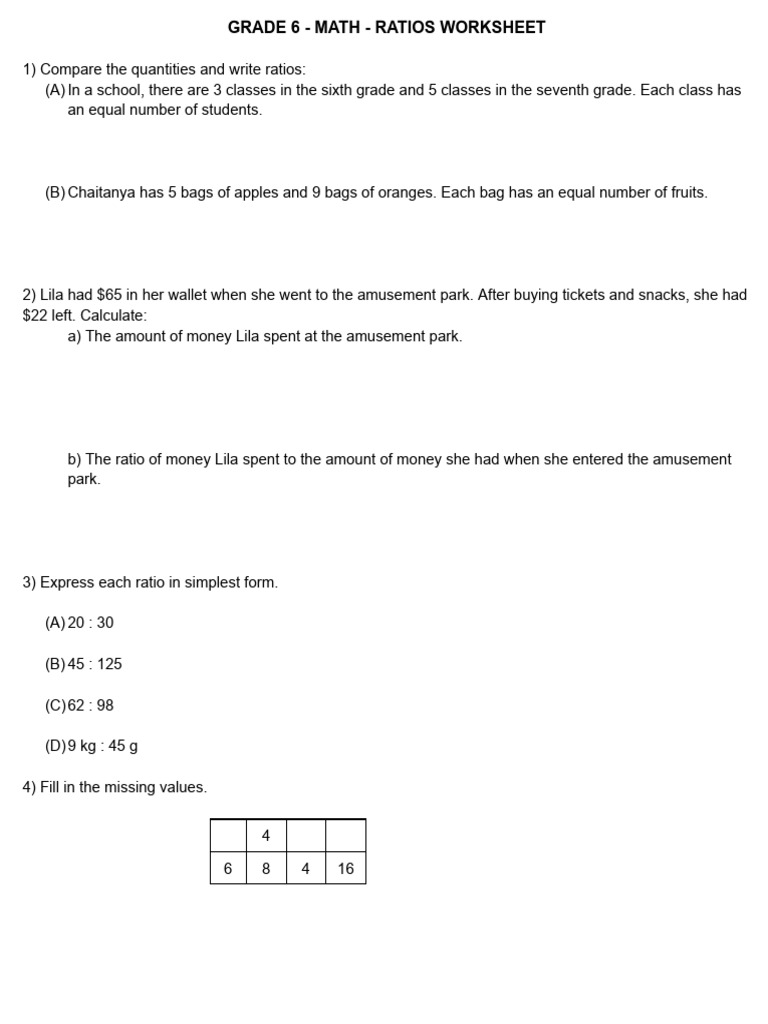 gr6 - Math - Ratios Worksheet | PDF | Ratio