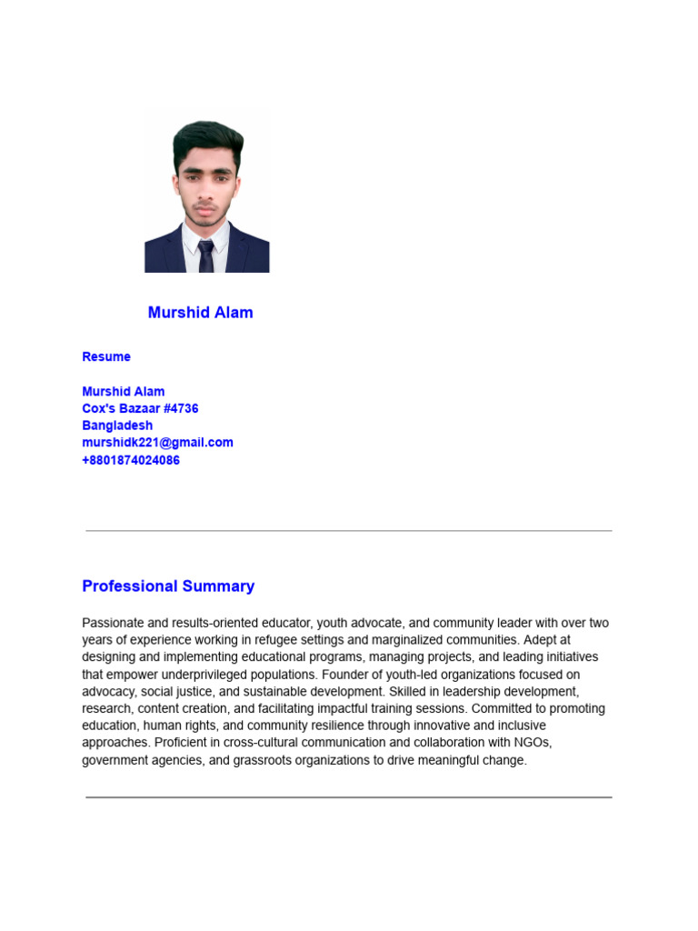 Educator and Advocate Resume: Murshid Alam | PDF