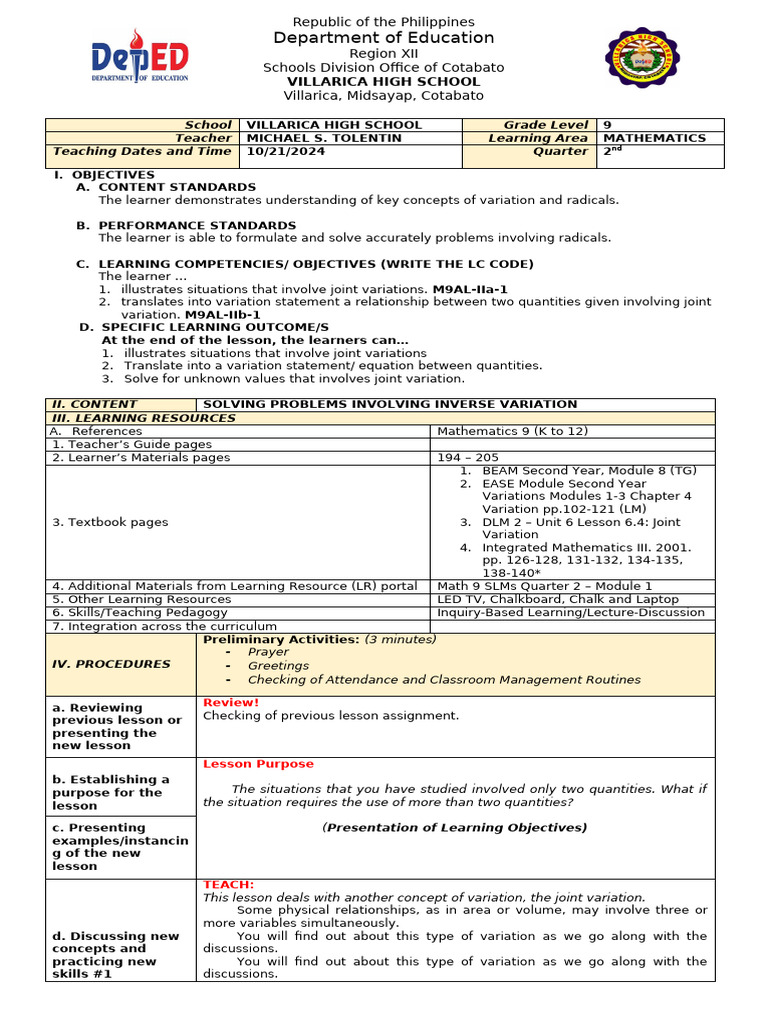 DLP Lesson 3a - Illustrating Joint Variation (Osmeña) | PDF | Learning