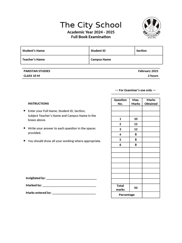 MYE Top Sheet For Matric | PDF
