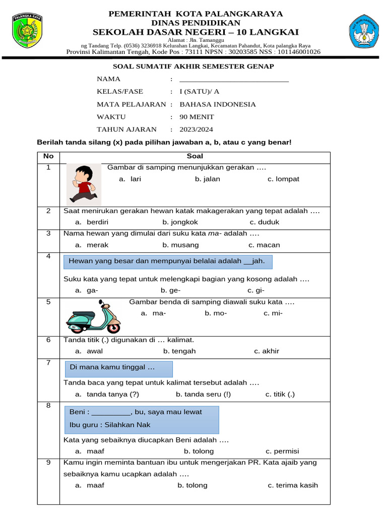 Soal Bahasa Indonesia Kelas 1 Semester Genap | PDF