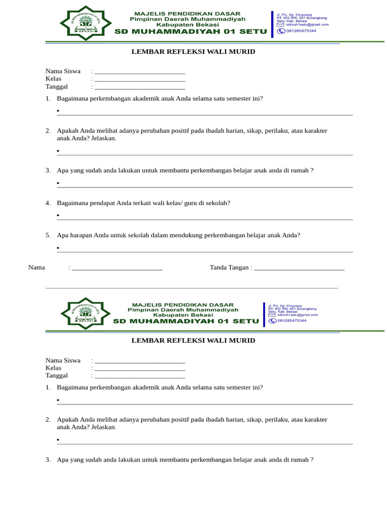 Lembar Refleksi Wali Murid | PDF