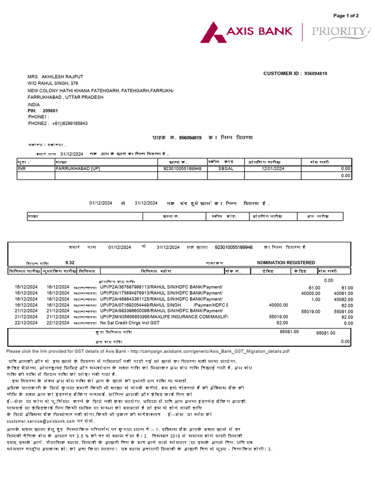 AXIS BANK Statement For December 2024 unlocked PDF Personal Finance