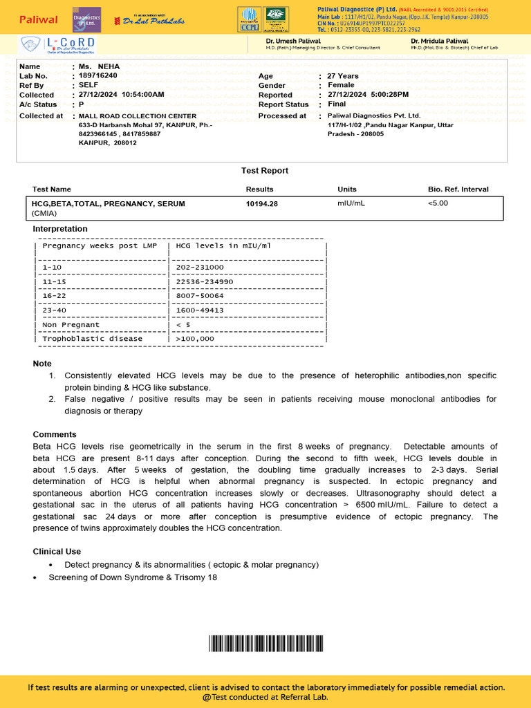 Beta HCG Pregnancy Test Report | PDF | Human Chorionic Gonadotropin ...