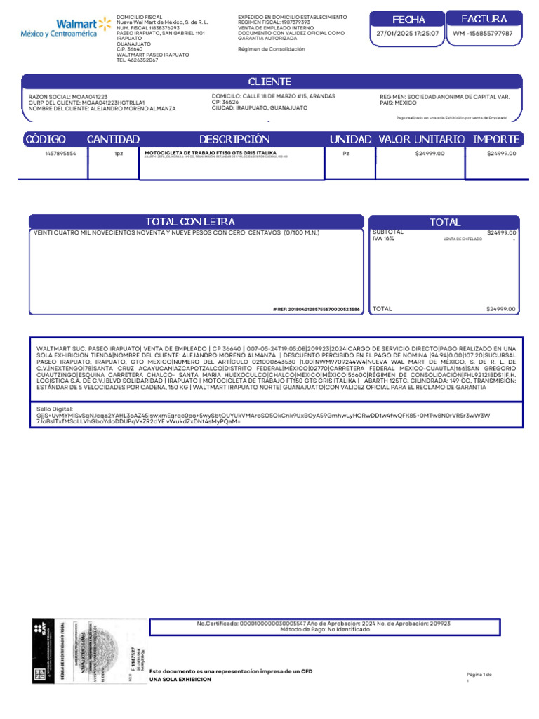 Facturación Moto Italika FT150GTS Wmnorte03948r8e - 20250129 - 193551 - 0000 | PDF | Motociclismo
