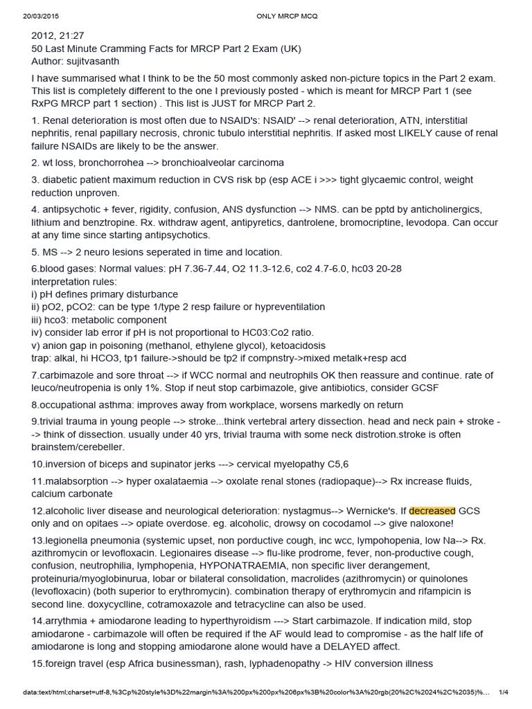 50 Last Minute Cramming Facts For MRCP Part 2 PR | PDF | Hypothyroidism ...