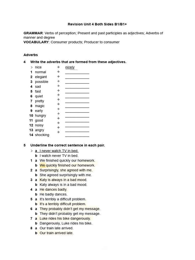 Revision Unit 4 Both Sides B1_B1+ | PDF | Adverb | Adjective