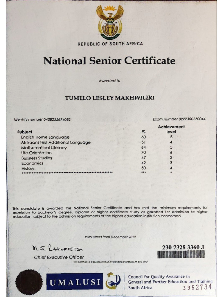 Matric Certificate | PDF