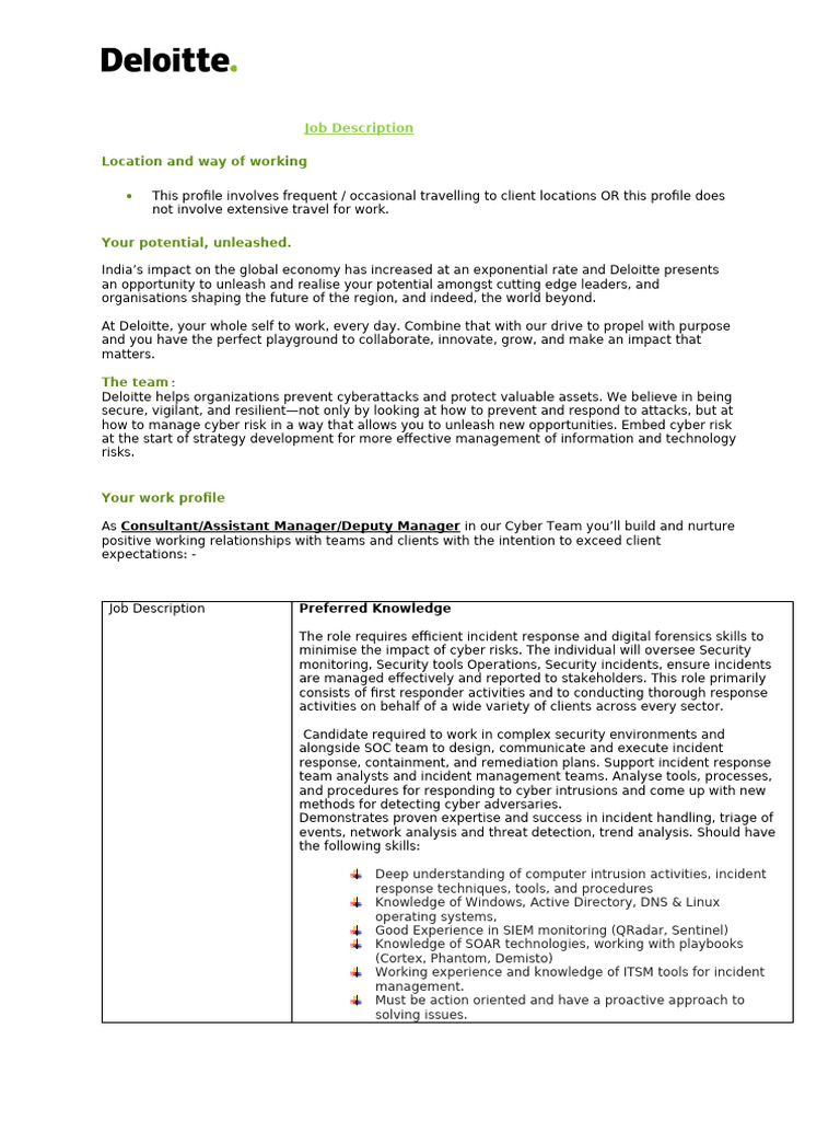 JD - Incident Response Deloitte | PDF | Computer Security | Security