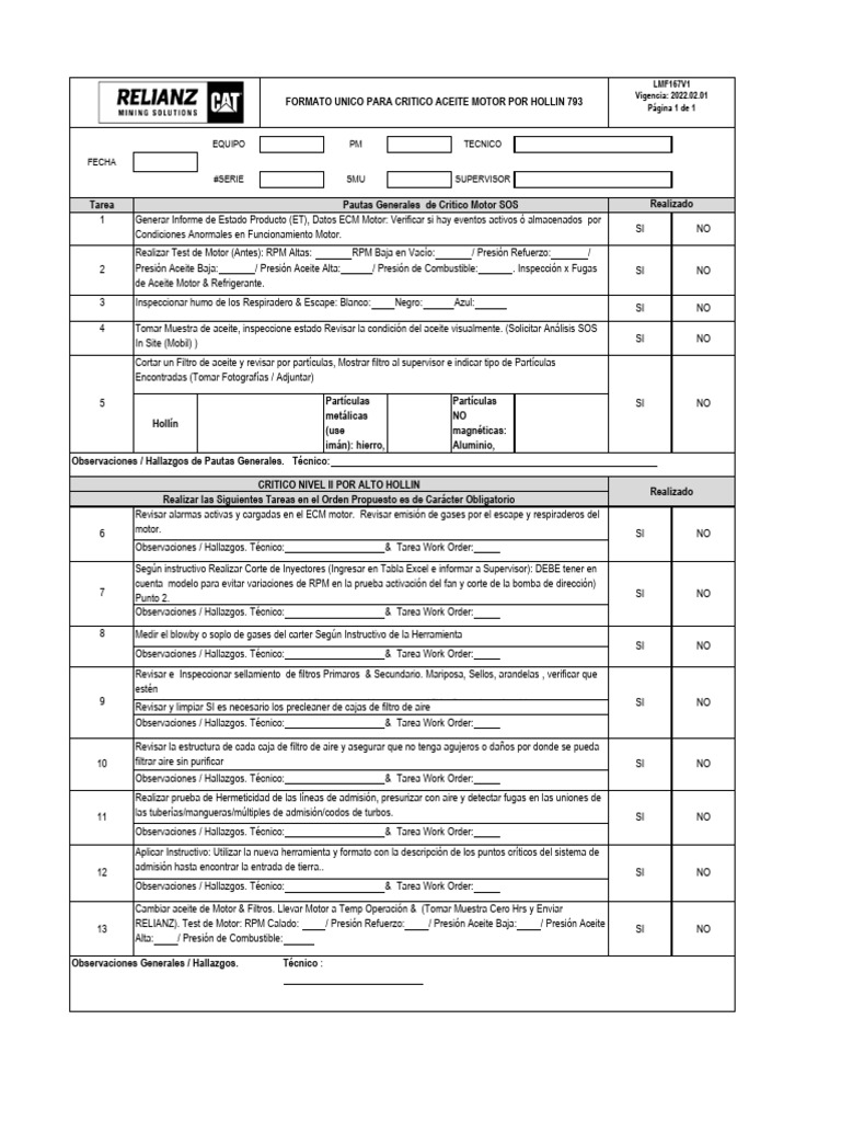 LMF167V1 Formato Unico para Critico Aceite Motor Por Hollin 793 | PDF | Ingeniería mecánica