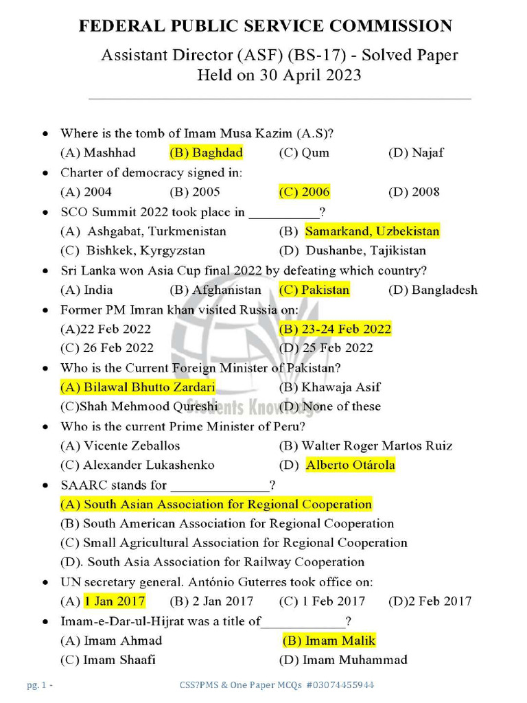 Assistant Director Paper (ASF) (BS-17) - Solved Paper-2 | PDF