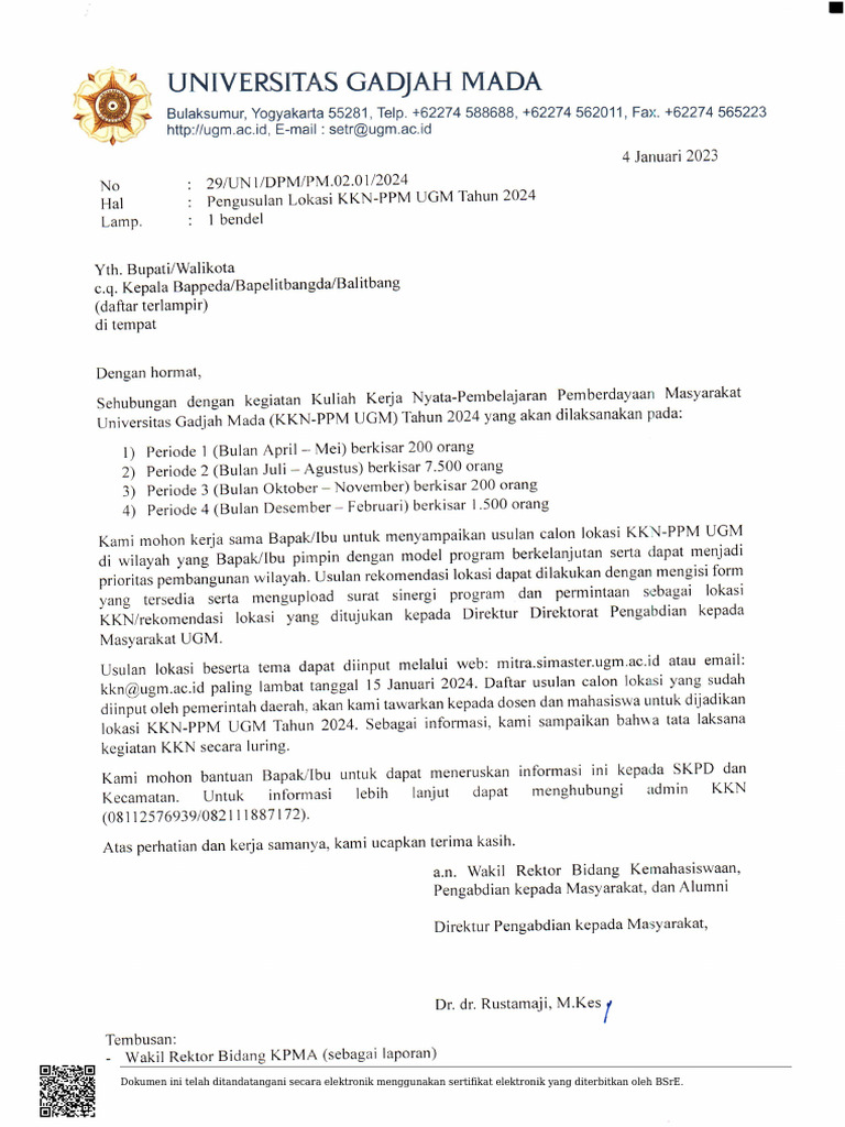Contoh Surat Pemberitahuan Pengajuan Calon Lokasi KKN UGM Tahun 2024 (1 ...