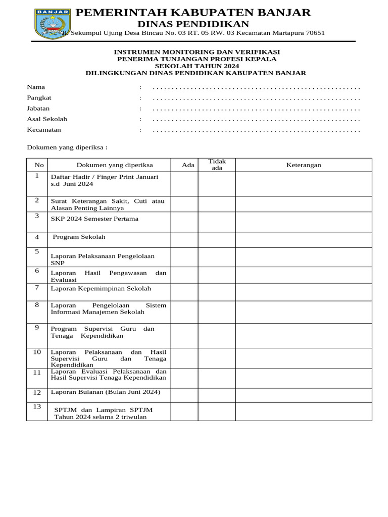 Instrumen Monev Sertifikasi Untuk Kepala Sekolah 2024 | PDF