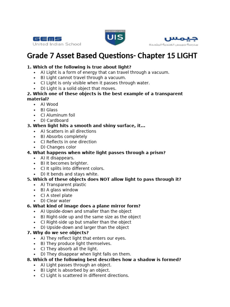 Grade 7 Light Concepts Quiz | PDF | Mirror | Reflection (Physics)