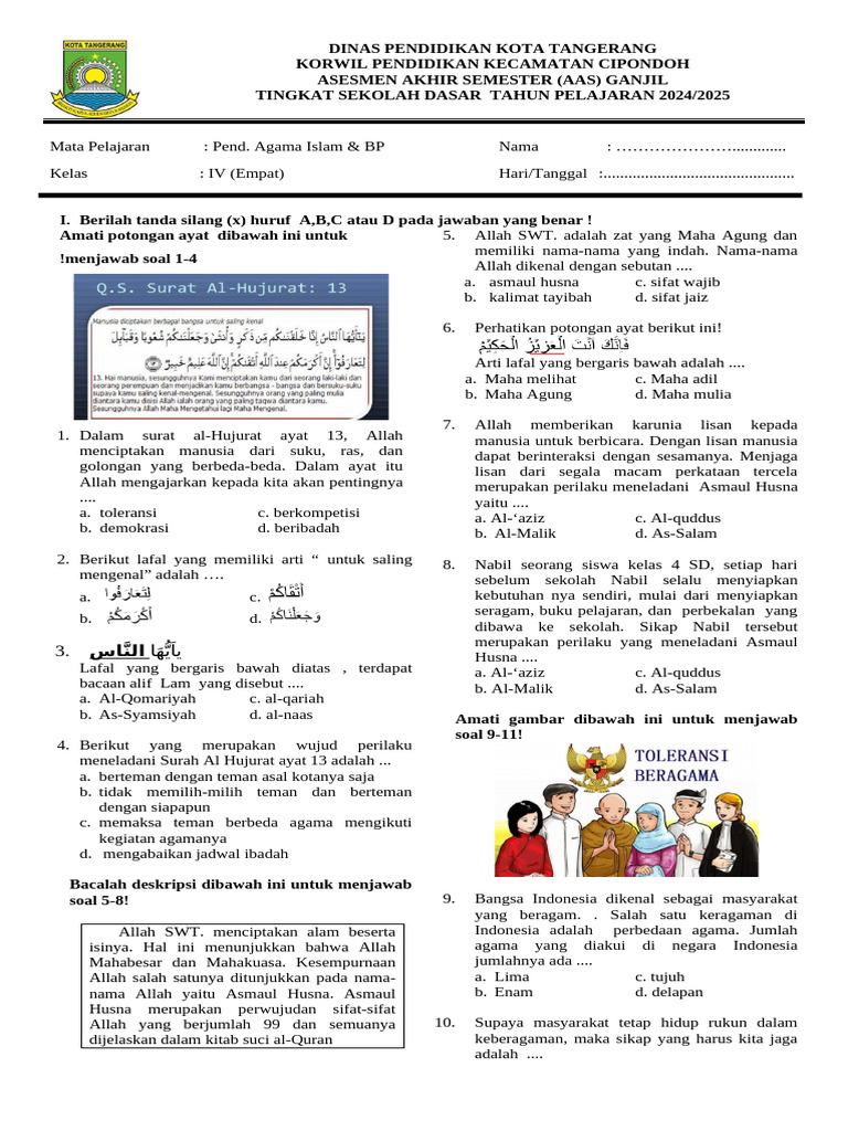 Soal Pas Agama Kelas 4 (20242025) | PDF