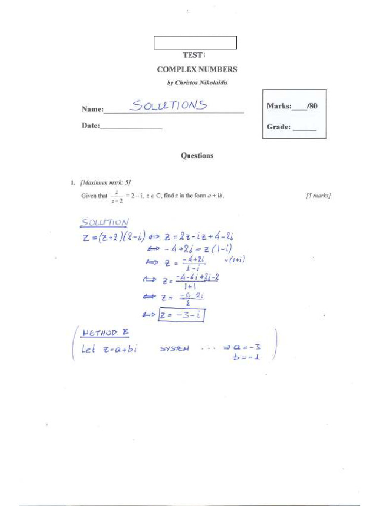 TEST 3. Complex Numbers (SOLUTIONS) | PDF