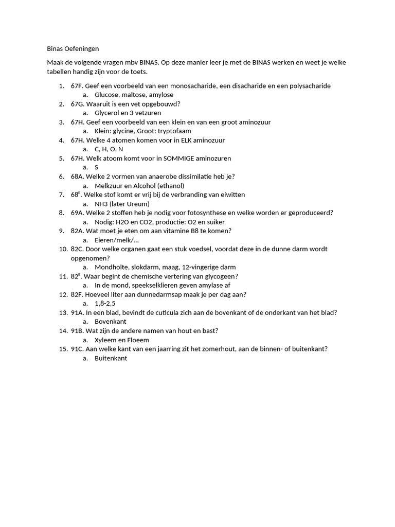 Binas Oefeningen Vertering ANTW | PDF