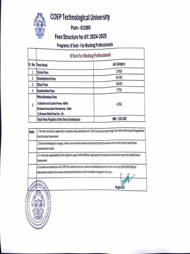 COEP Pune B.Tech Fee Structure 2024-25 | PDF