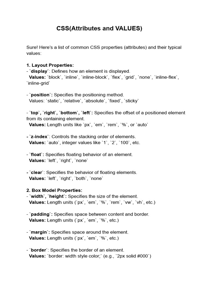 CSS(Attributes and VALUES) | PDF | Page Layout | Typefaces CSS(Attributes and VALUES) | PDF | Page Layout | Typefaces