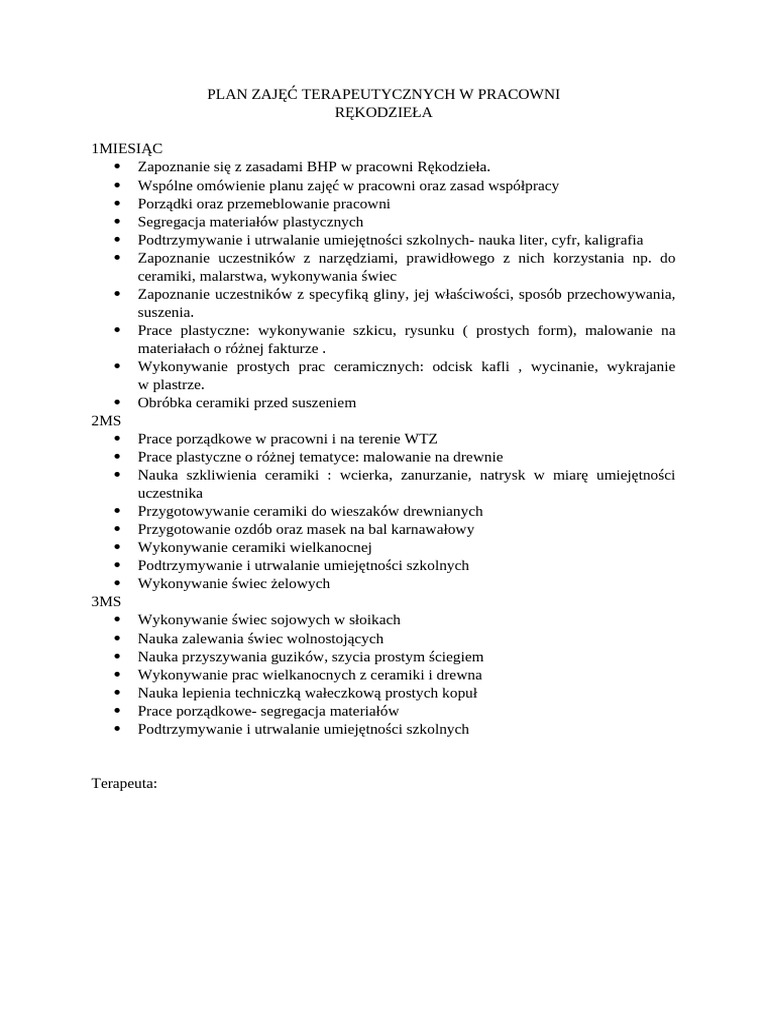 Plan Zajęć Terapeutycznych W Pracowni | PDF