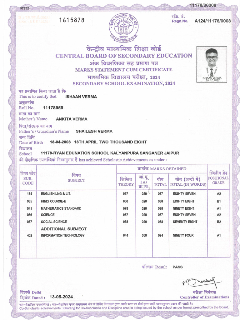 Tenth Marksheet - Ishaan Verma | PDF