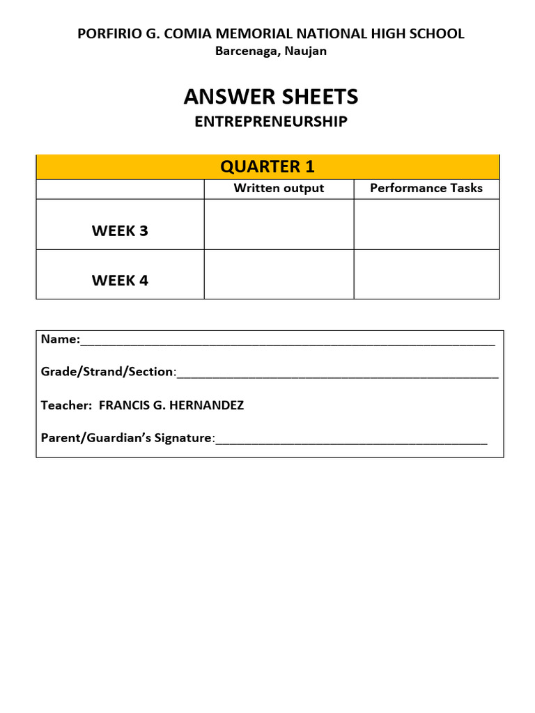 ENTREP_Q3_Answer-Sheet_Week3-4 | PDF | Marketing Research | Market Segmentation