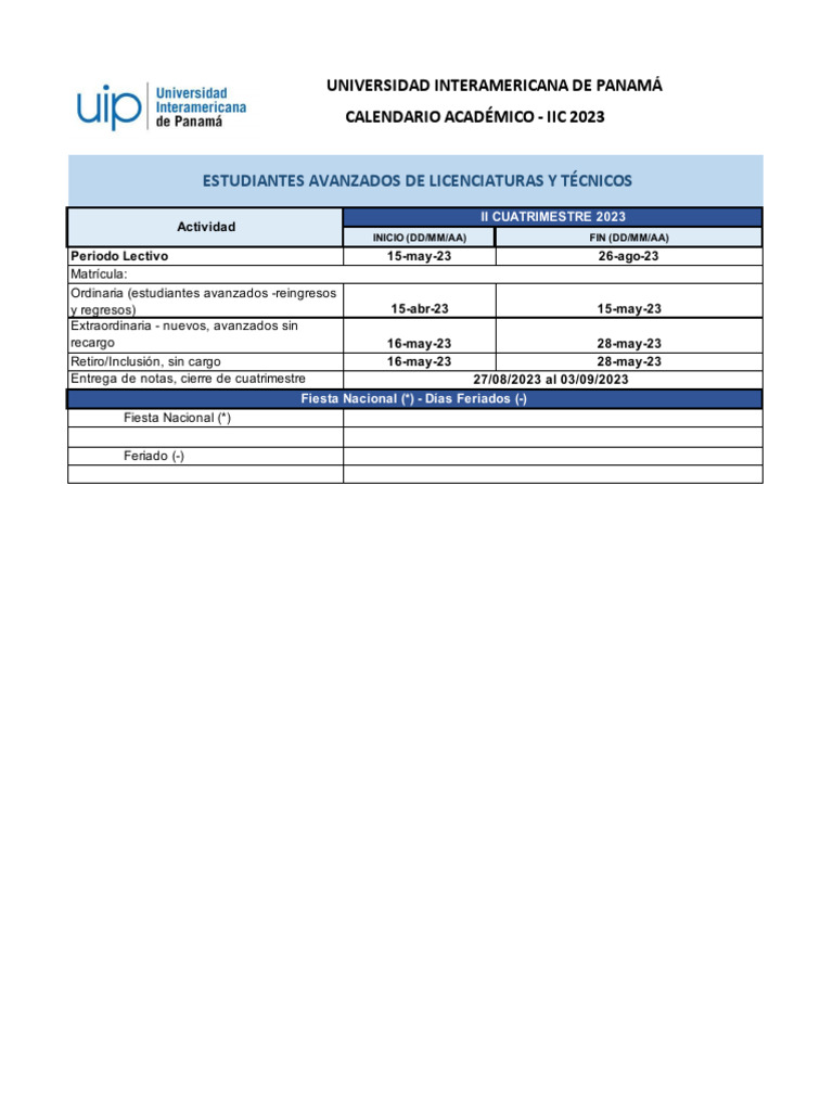 Uip Calendario Academico Tec y Lic 2C 2023 | PDF