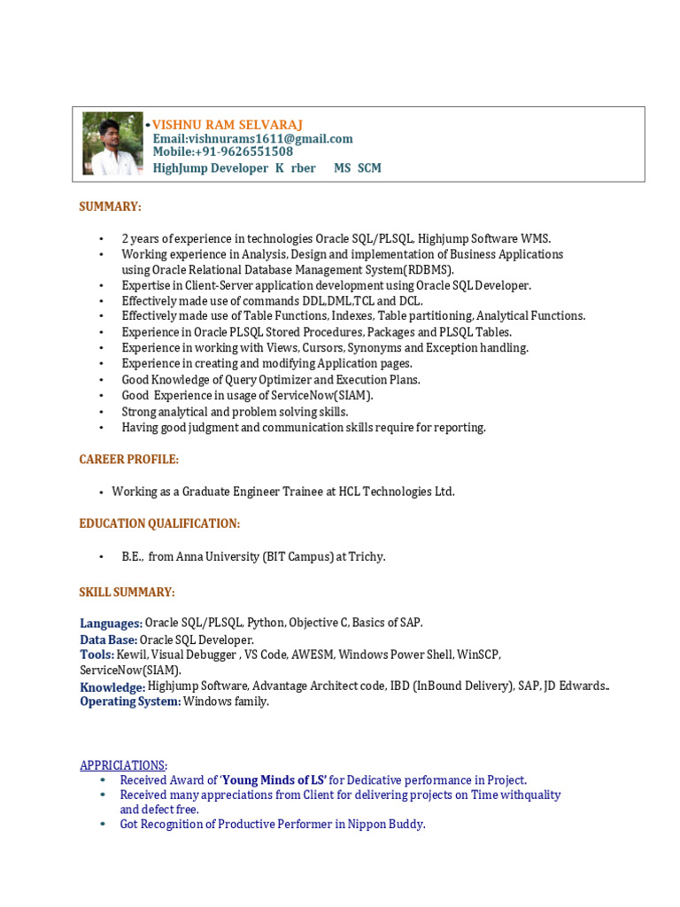 Hirist Vishnu Ram Selvaraj | PDF | Pl/Sql | Sql