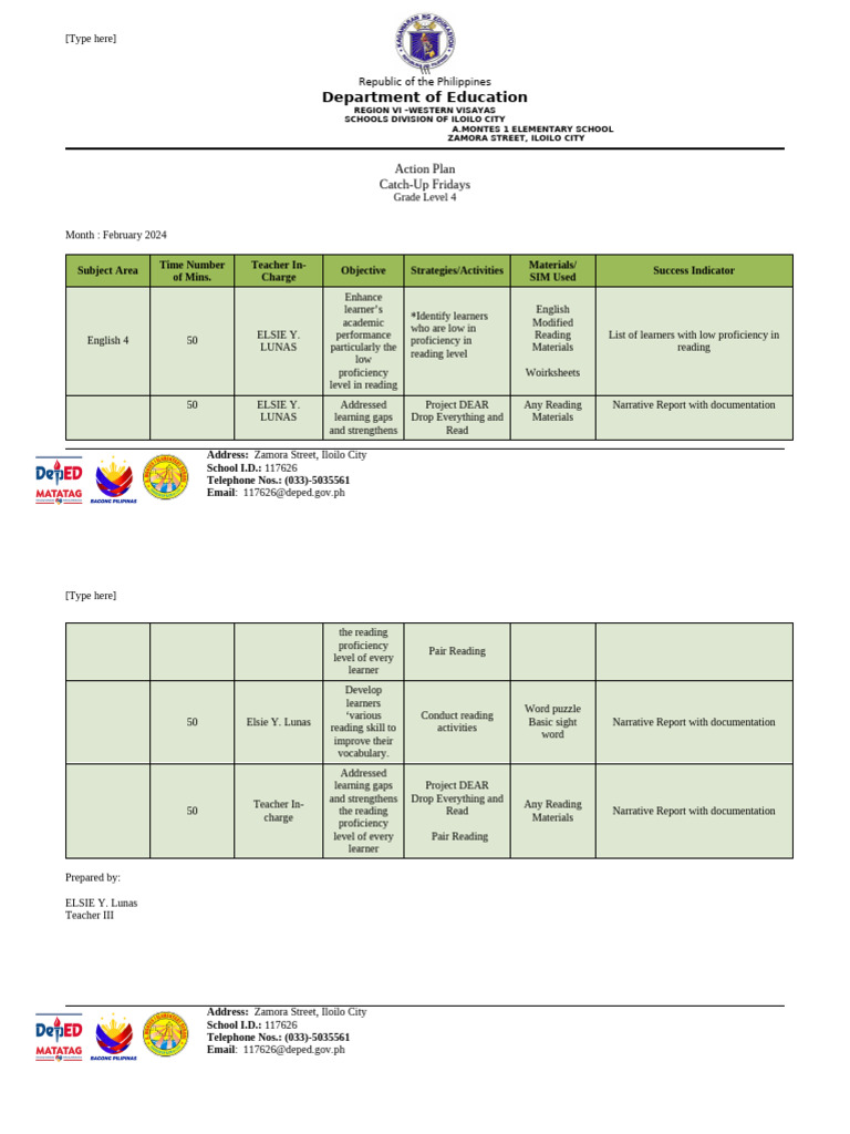 Action-Plan-Catch-Up-Fridays - Lunas | PDF | Cognitive Science ...