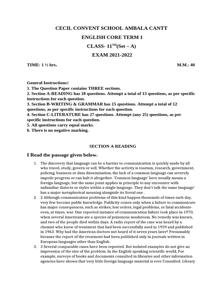 Question Paper CLASS 11TH Set - A | PDF | English Language | Linguistics