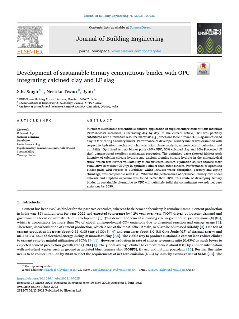 Development of sustainable ternary cementitious binder with OPC ...