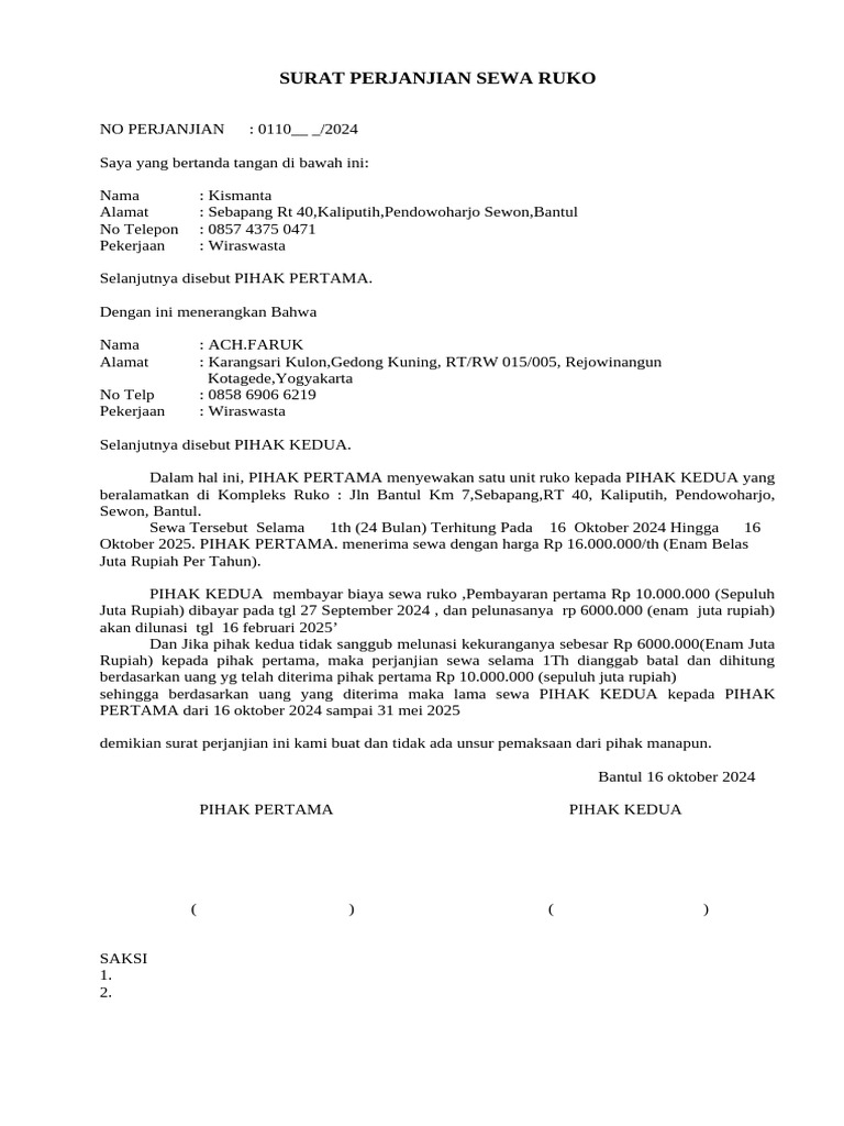 Surat Perjanjian Sewa Ruko | PDF