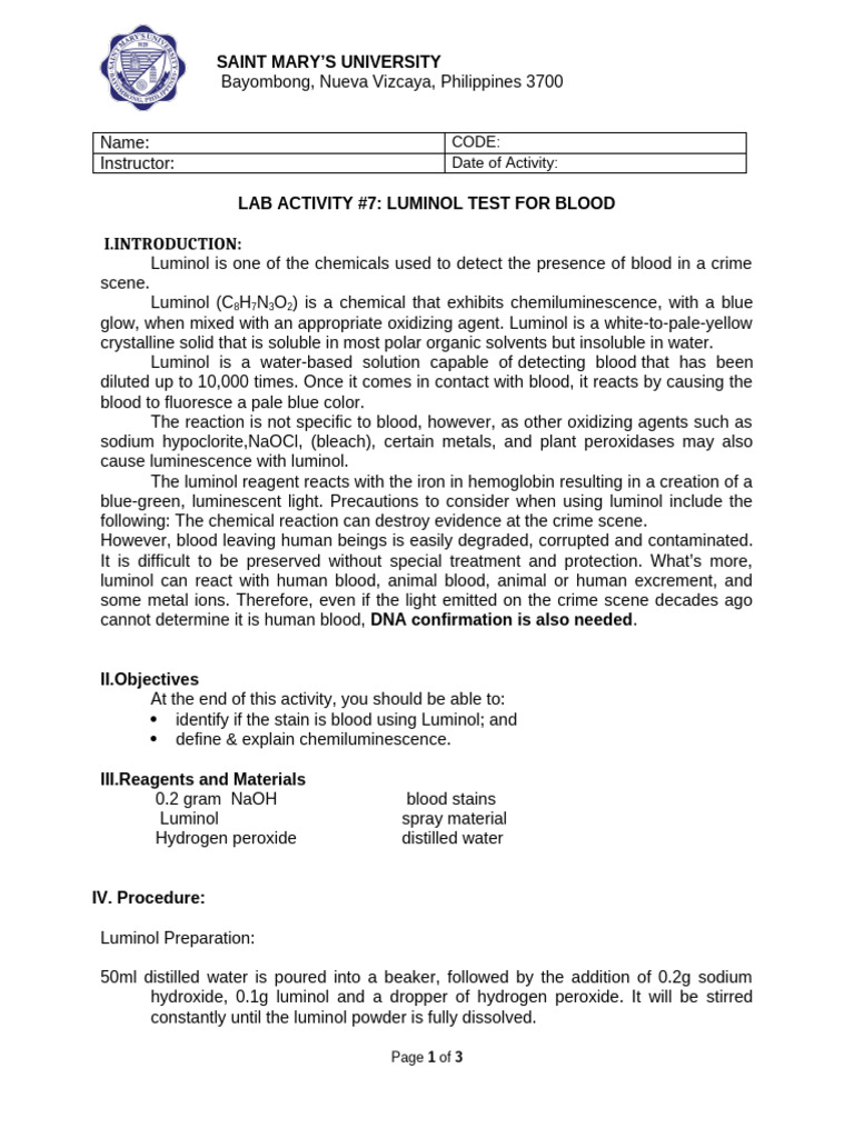 Luminol Test for Blood Detection | PDF | Chemical Substances | Chemistry