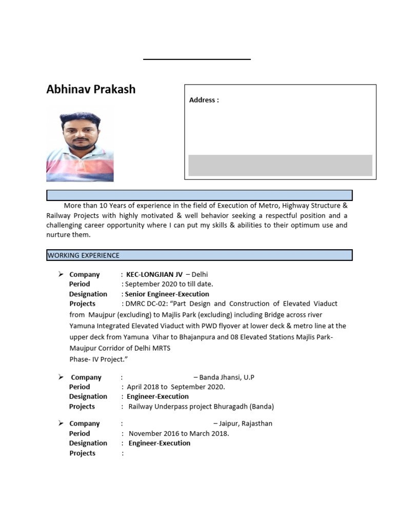CV-EL-Civil Engineer-Abhinav Prakash | PDF | Structural Engineering | Transport Infrastructure
