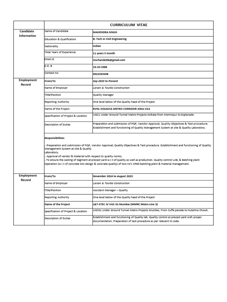 QA/QC Civil Engineer CV - Mahendra Singh | PDF | Concrete | Deep Foundation