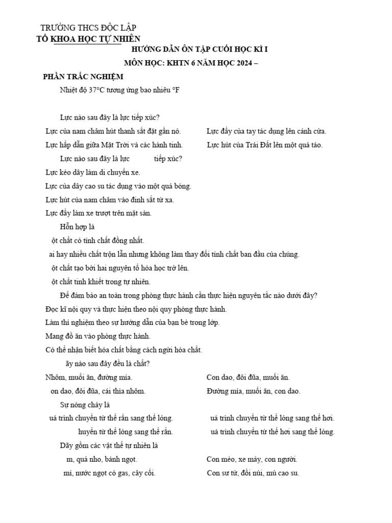 2 THCS DOC LAP HD ON TAP MON KHTN 6 CUOI KI 1 - NH - 2024 - 2025 cb5fc | PDF